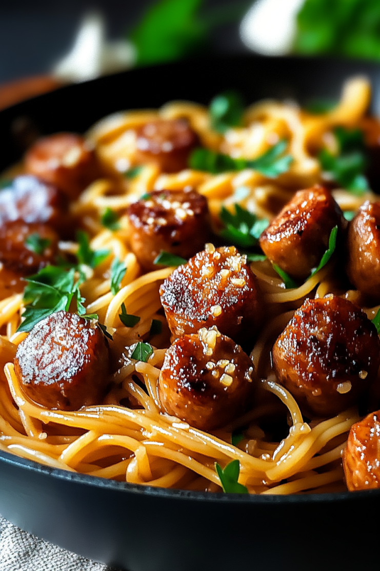 Sticky Honey Garlic Sausage Pasta Skillet