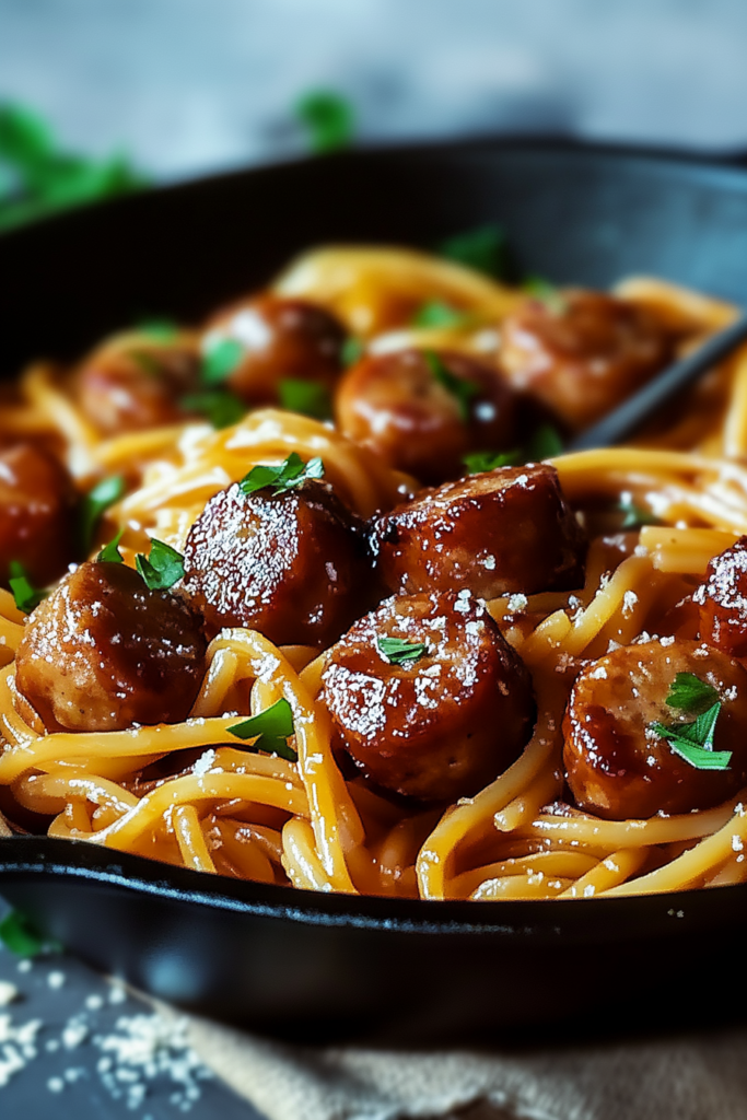 Sticky Honey Garlic Sausage Pasta Skillet